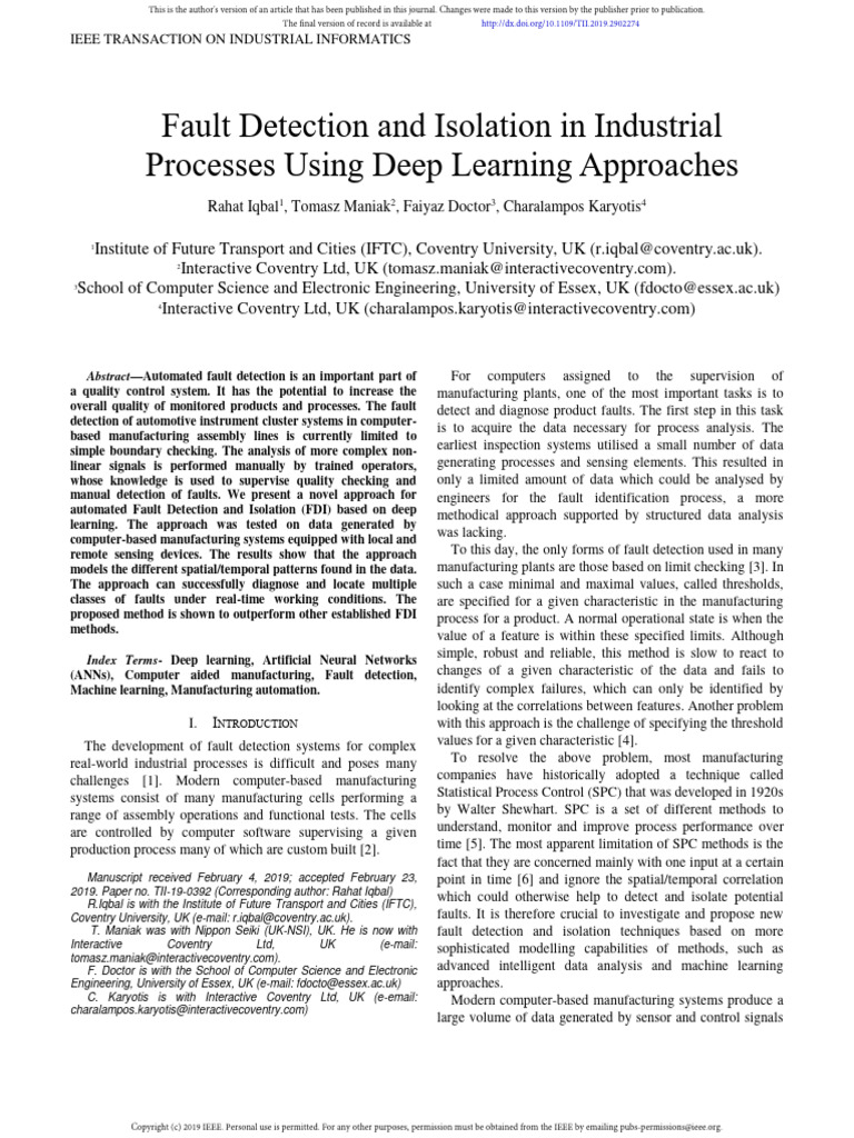 Ieee Tii Fault Detection Isolation Paper Fdocto Pdf System Machine Learning