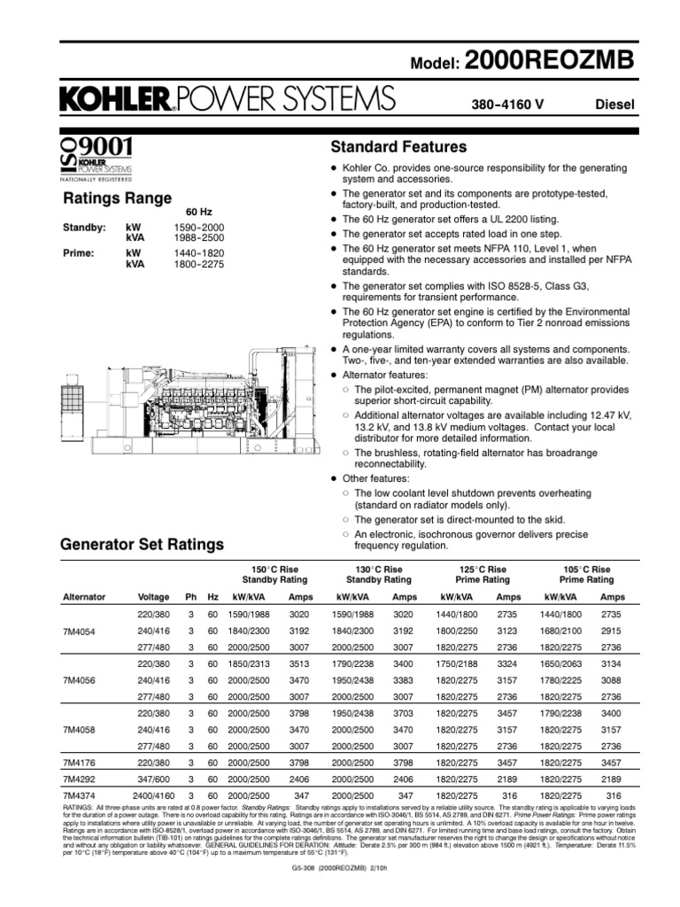 Kohler Specs | PDF | Electric Generator | Physical Quantities