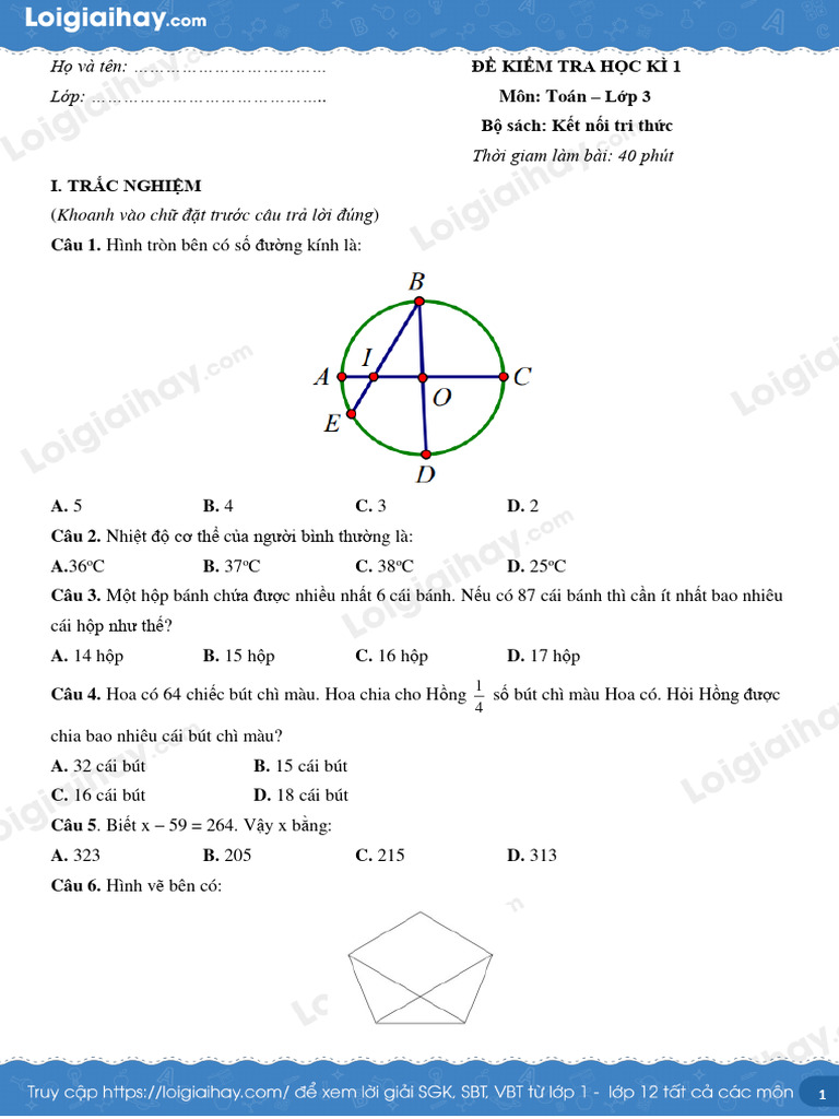 De Kiem Tra Hoc Ki 1 Toan 3 Ket Noi Tri Thuc de So 9 1669976543 | PDF
