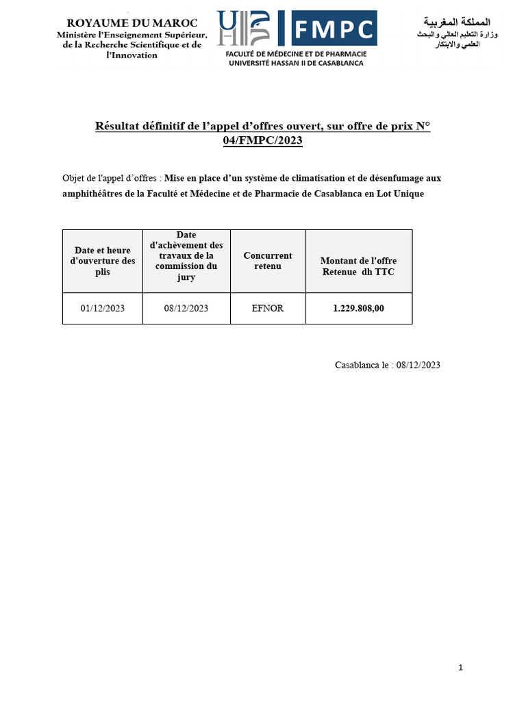Résultat appel d'offres climatisation FMPC | PDF | Affaires | Finance ...