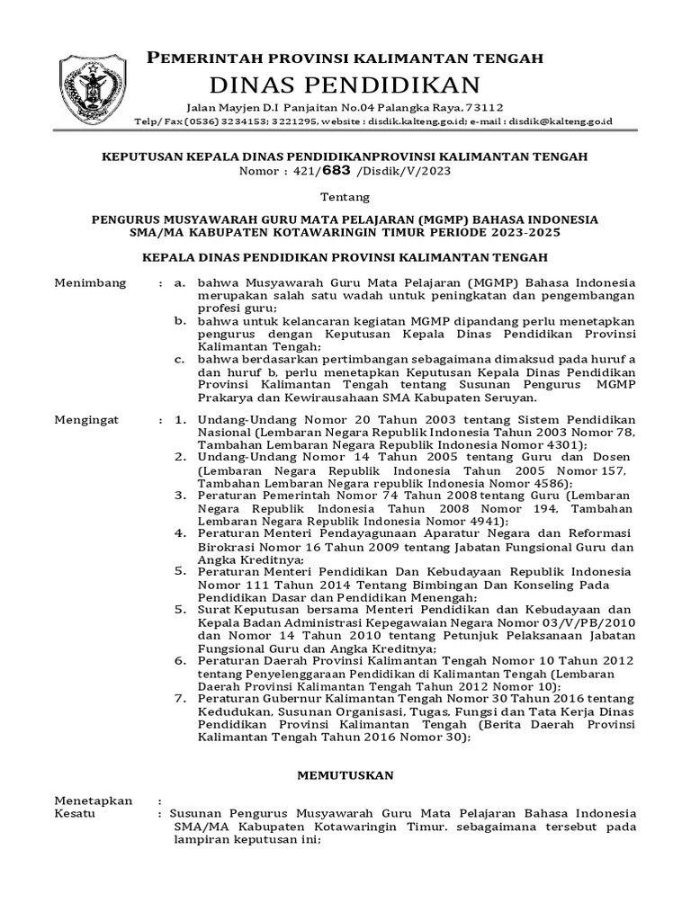 Pengurus MGMP Bahasa Indonesia Kotawaringin Timur 2023-2025 | PDF