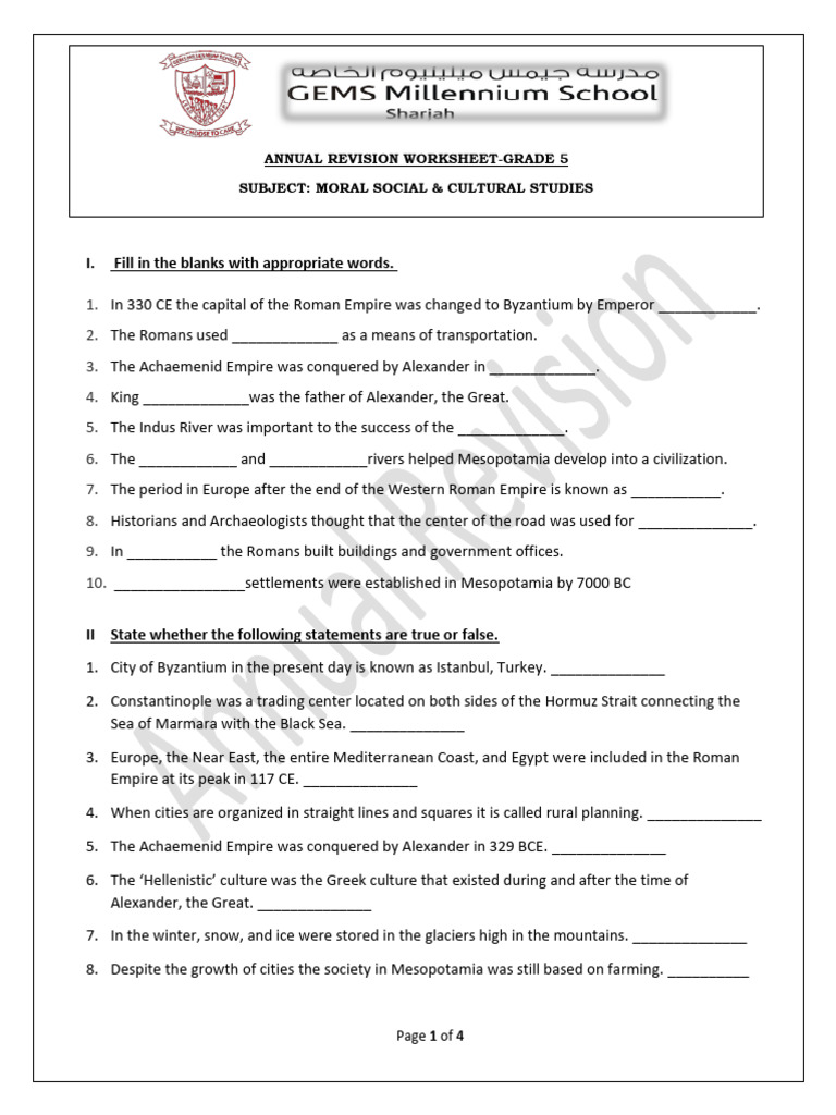 Annual Revision Worksheet Grade 5 | PDF | Roman Empire | Byzantine Empire