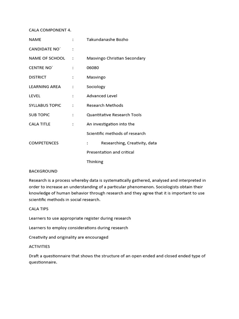 Cala Component 4 | PDF | Sociology | Questionnaire