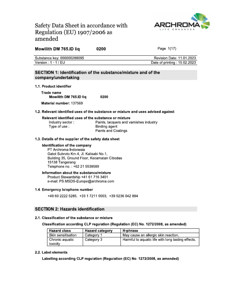 MSDS Mowilith DM 765 | PDF