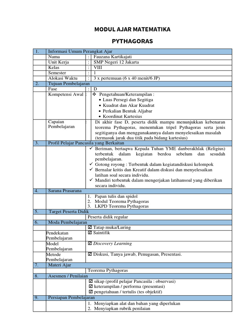 Modul Ajar Teorema Pythagoras | PDF