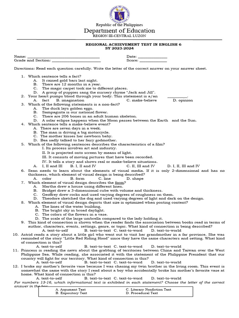 Regional Achievement Test English 6 | PDF | Educational Technology ...