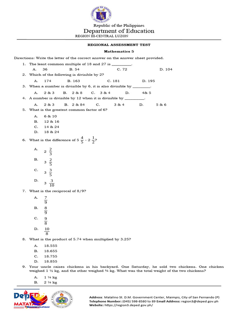 Grade 5 Mathematics Assessment Test | PDF | Thermometer | Water