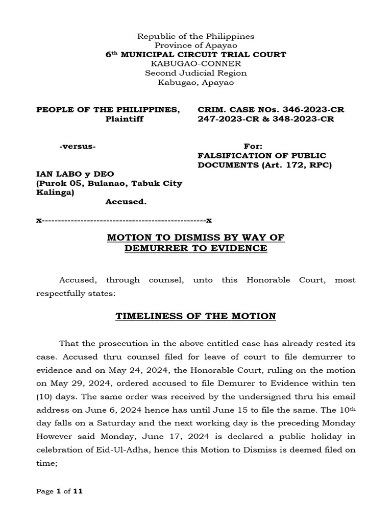 Deo Labo Demurer To Evidence | PDF | Presumption Of Innocence | Burden ...