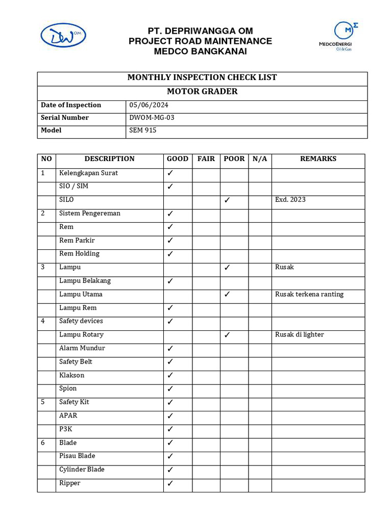 Monthly Motor Grader Inspection Checklist | PDF | Engine Technology ...