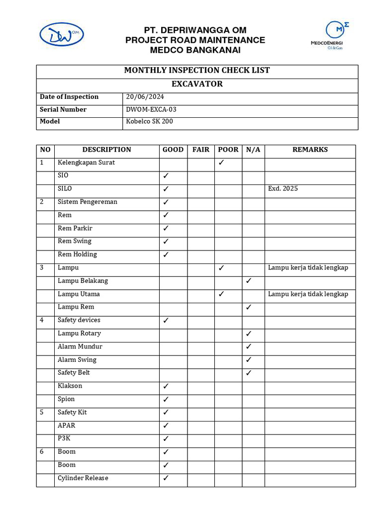 FORM INSPEKSI BULANAN - EXCAVATOR 1 | PDF | Mechanical Engineering ...