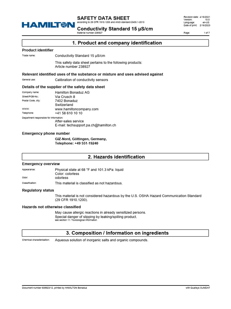 238927_SDS Conductivity 15 uS Hamilton | PDF | Dangerous Goods | Toxicity