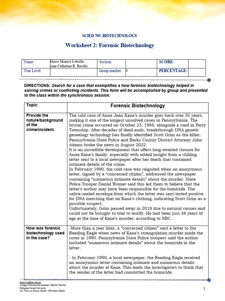 Worksheet 2 - Forensic Biotechnology | PDF | Forensic Science | Dna ...