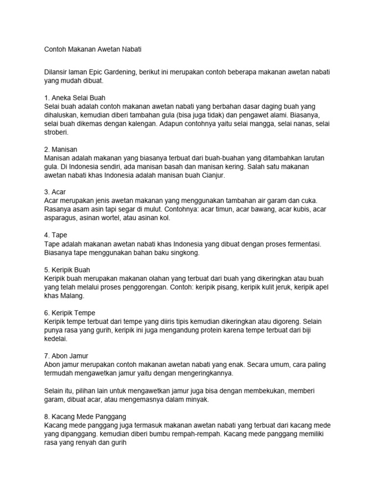 Contoh Makanan Awetan Nabati Khas | PDF | Memasak, Makanan, & Anggur