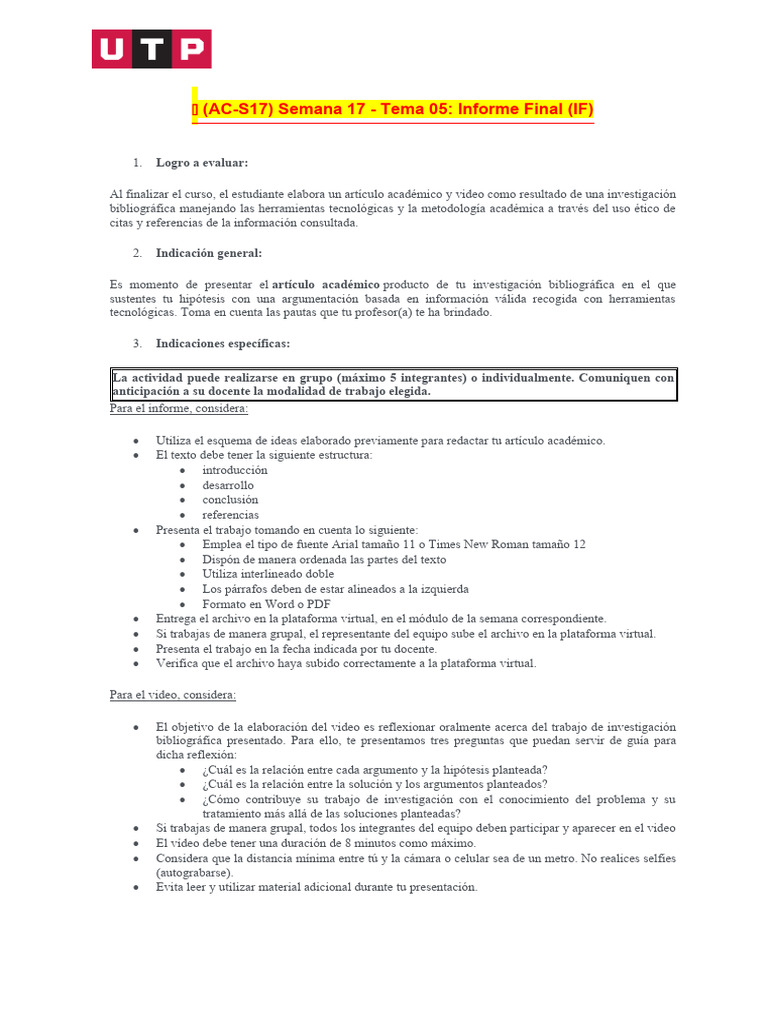 ? (AC-S17) Semana 17 - Tema 05 Informe Final (IF) | PDF | Maestros | Youtube