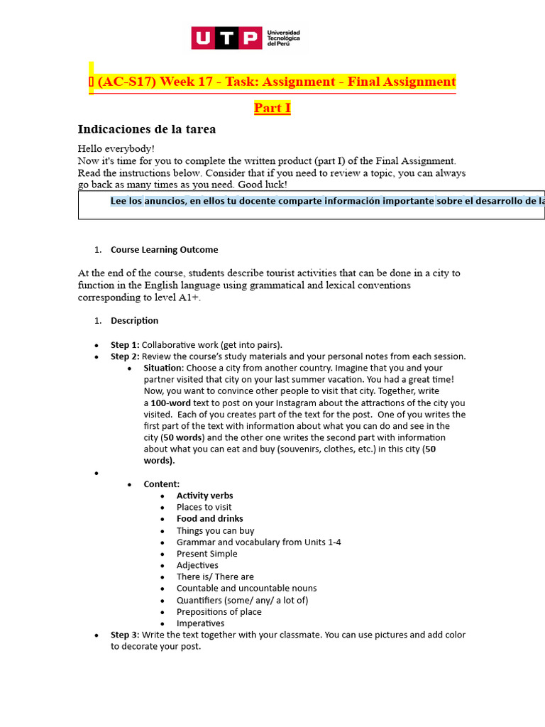 ? (AC-S17) Week 17 - Task Assignment - Final Assignment Part I | PDF | English Language | Word