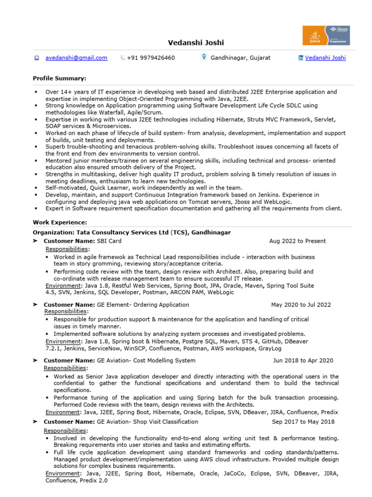 Resume Ve Dans Hi Josh I Pdf Software Development Process Java