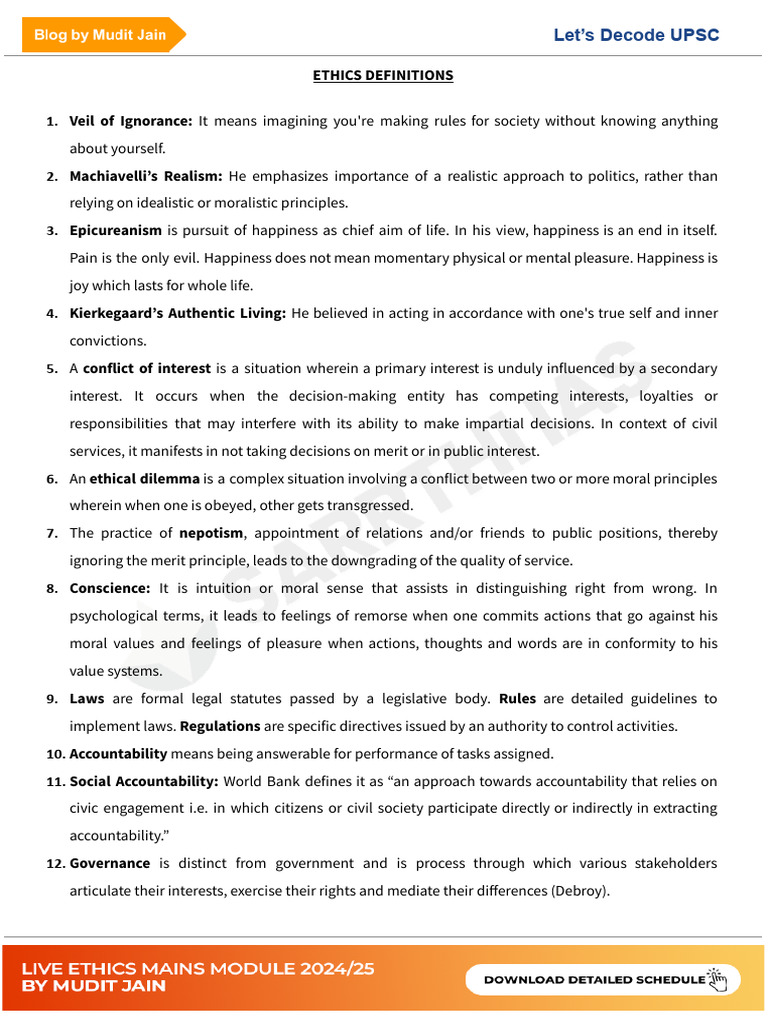 UPSC Ethics Definitions Guide | PDF | Governance | Morality