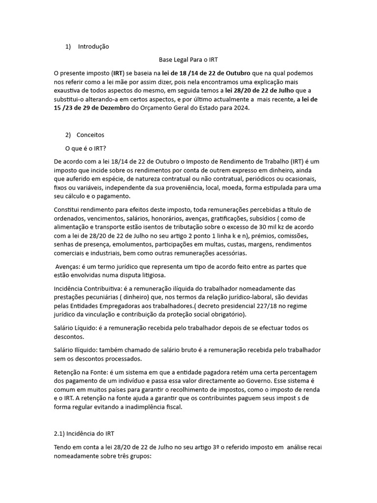 Trabalho Referente Ao IRT em Angola 2024 | PDF | Impostos | Salário
