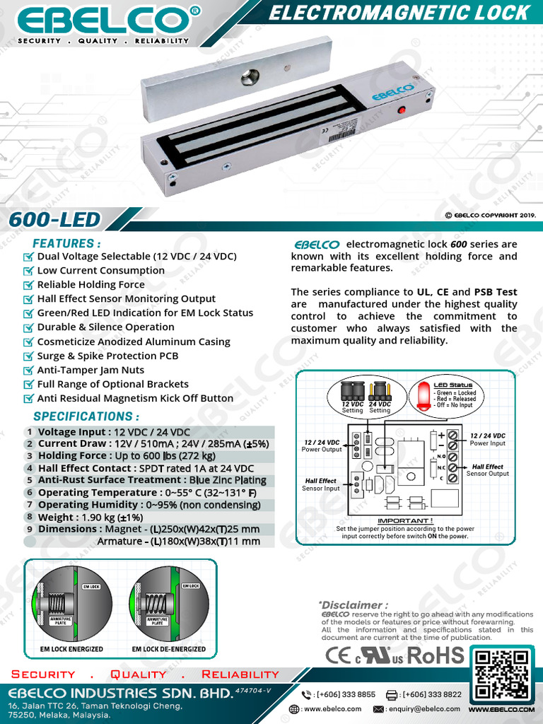 EM Lock 600-LED | PDF | Manufactured Goods | Electrical Components
