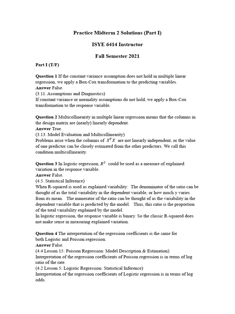 f21 Pratice Midterm 2 Solution (Part I) | PDF | Regression Analysis ...