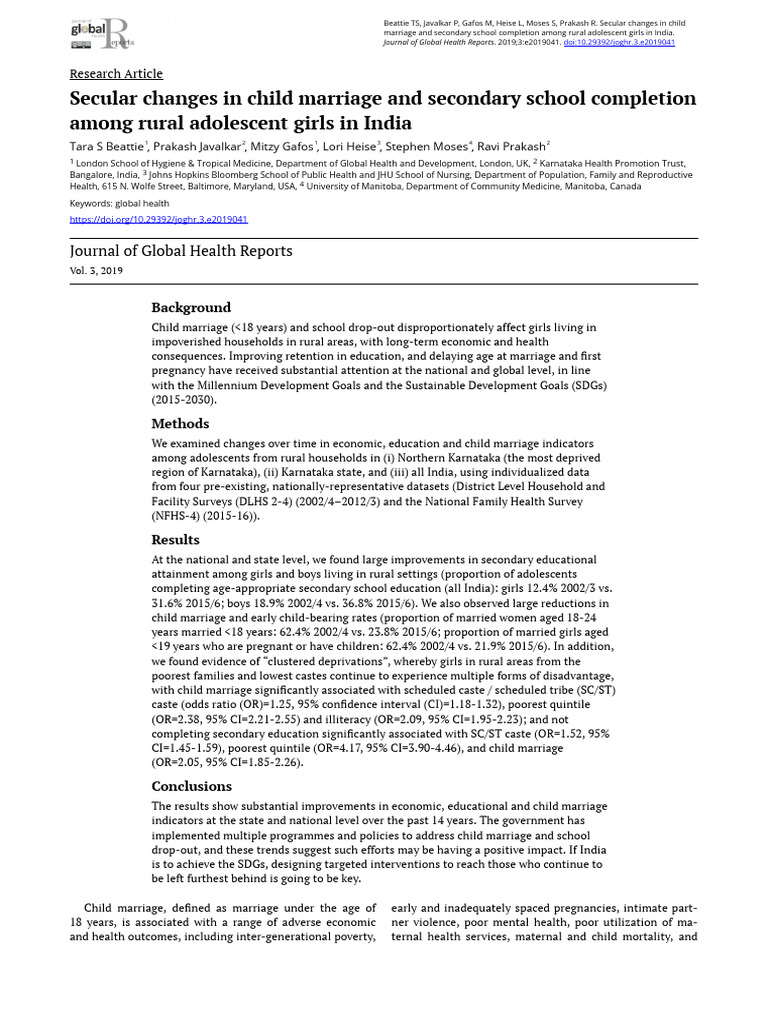 Secular Changes in Child Marriage and Secondary School Completion Among ...