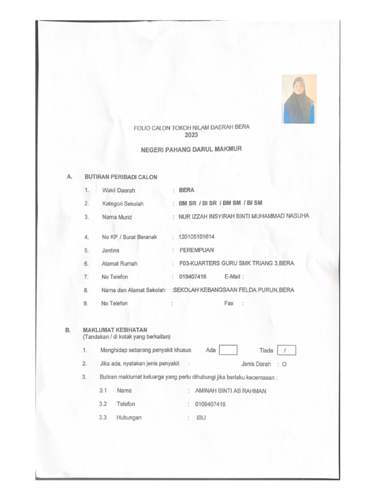 Folio Calon Tokoh Nilam Daerah Bera | PDF