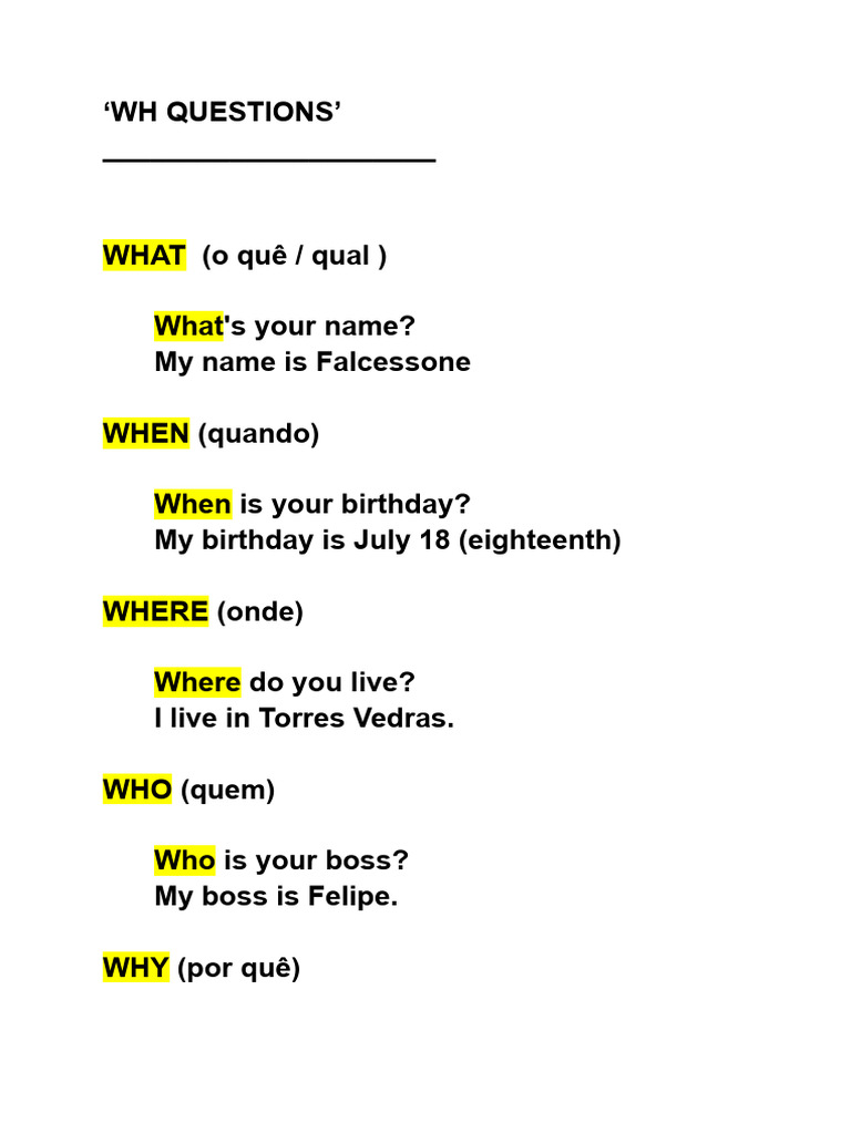 WH Questions + Numbers | PDF | Language Arts & Discipline | Foreign ...