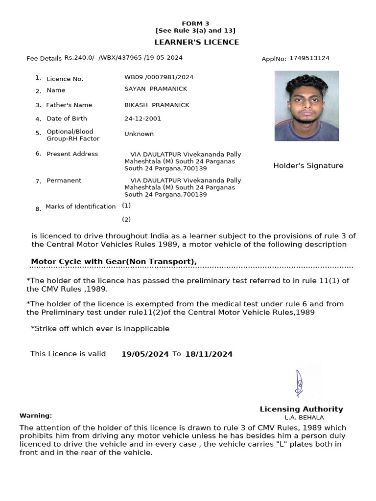 Learner'S Licence: Form 3 (See Rule 3 (A) and 13) | PDF | Vehicles ...