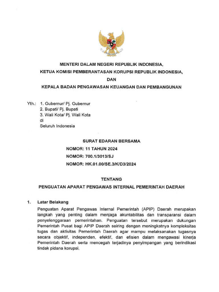 SE Penguatan APIP Daerah Mendagri-KPK-BPKP | PDF