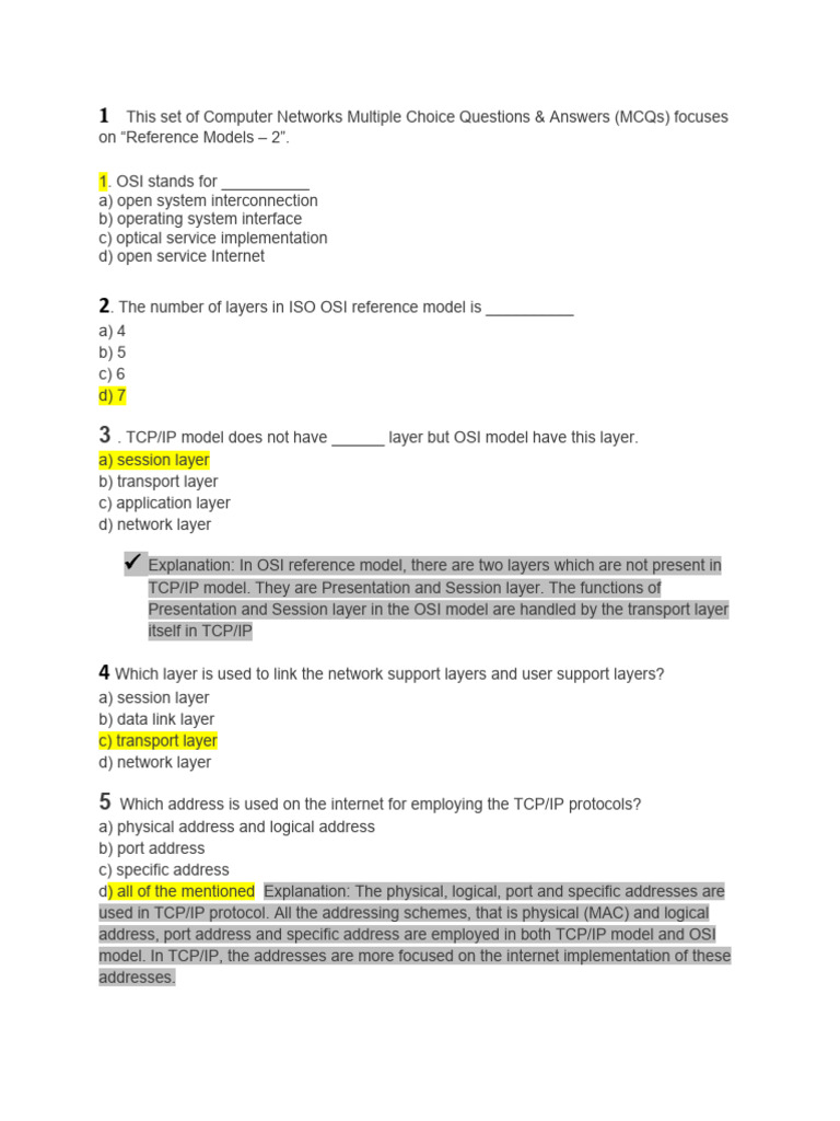 H.N.S Networks Layers and Protocols Multiple Choice Questions | PDF | Osi Model | Internet ...