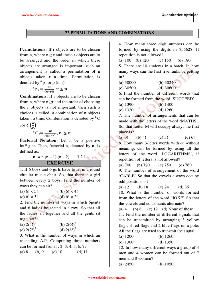 ssc-ssc_cgl_maths-22-permutations-combinations | PDF | Permutation | Combinatorics