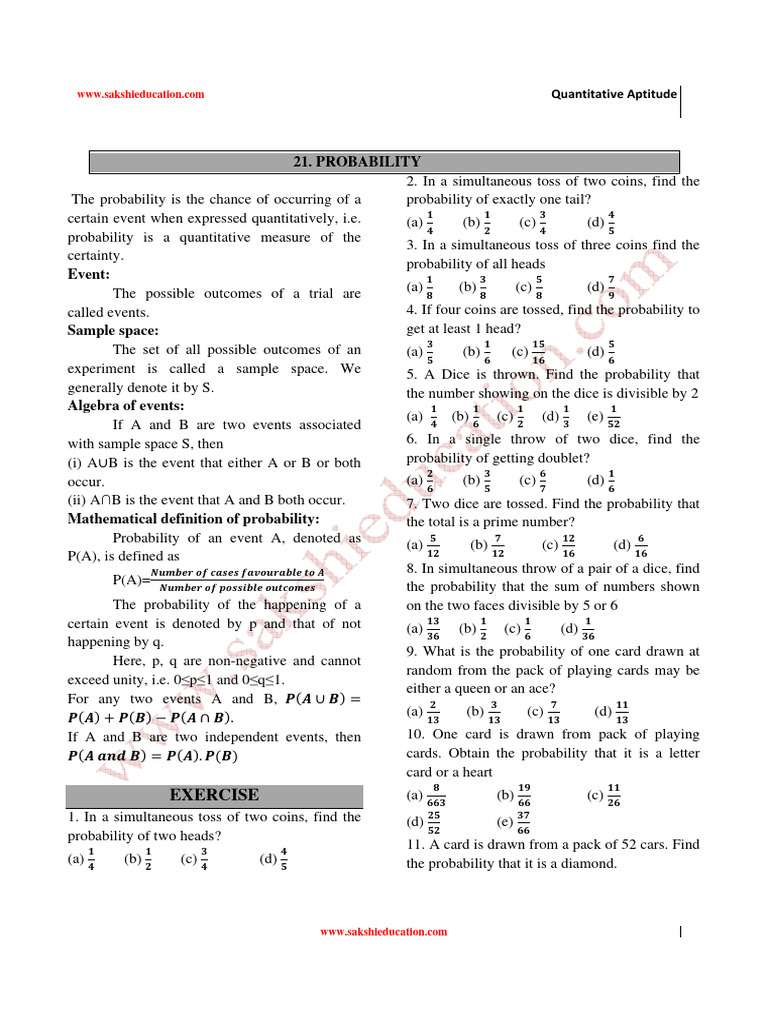 SSC SSC - CGL - Maths 21 Probability | PDF | Probability | Mathematics