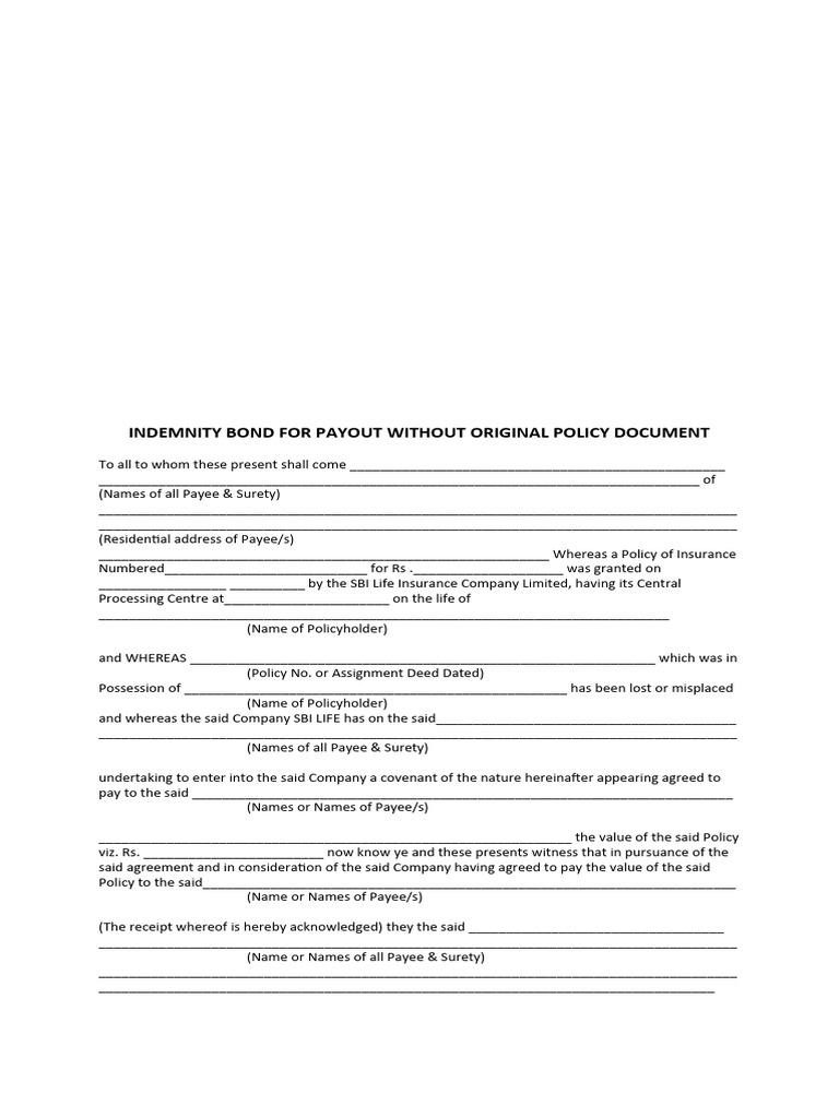 SBI Life Insurance Company Limited Lost Indemnity Bond | PDF | Insurance | Indemnity