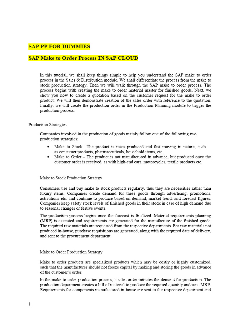 Sap PP For Dummies Mto Process in Sap Cloud | PDF | Goods | Mobile App