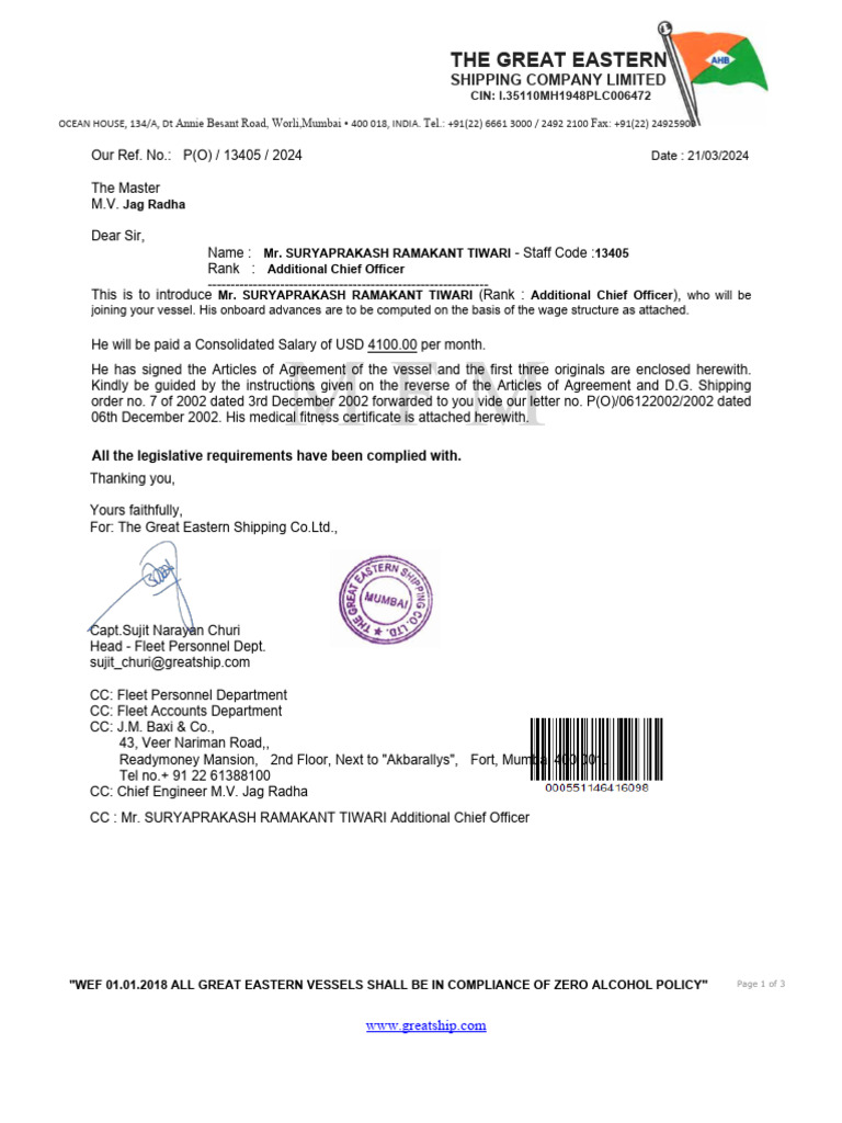 Suryaprakash Ramakant Tiwari - Contract & Aoa - Signed | PDF | Employment | Sailor