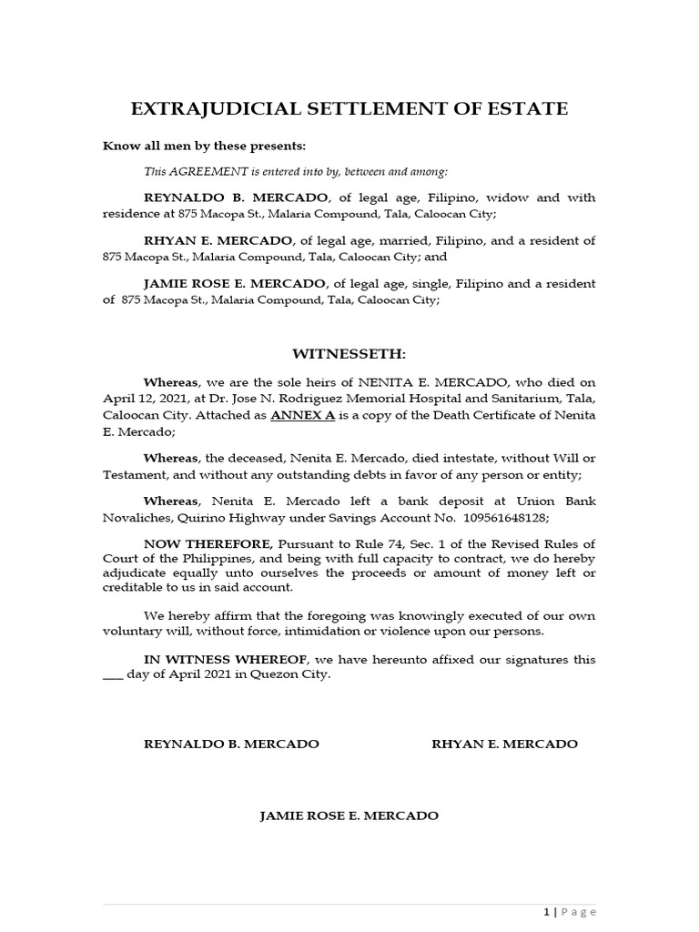 Mercado (Extrajudicial Settlement by Heirs) | PDF | Identity Document | Justice