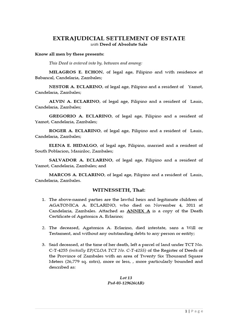 ECLARINO (EXTRAJUDICIAL SETTLEMENTs BY HEIRS with deed of sale) | Download Free PDF | Legal ...