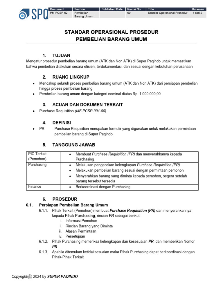 PM-PCSP-02 SOP Pembelian Barang Umum | PDF
