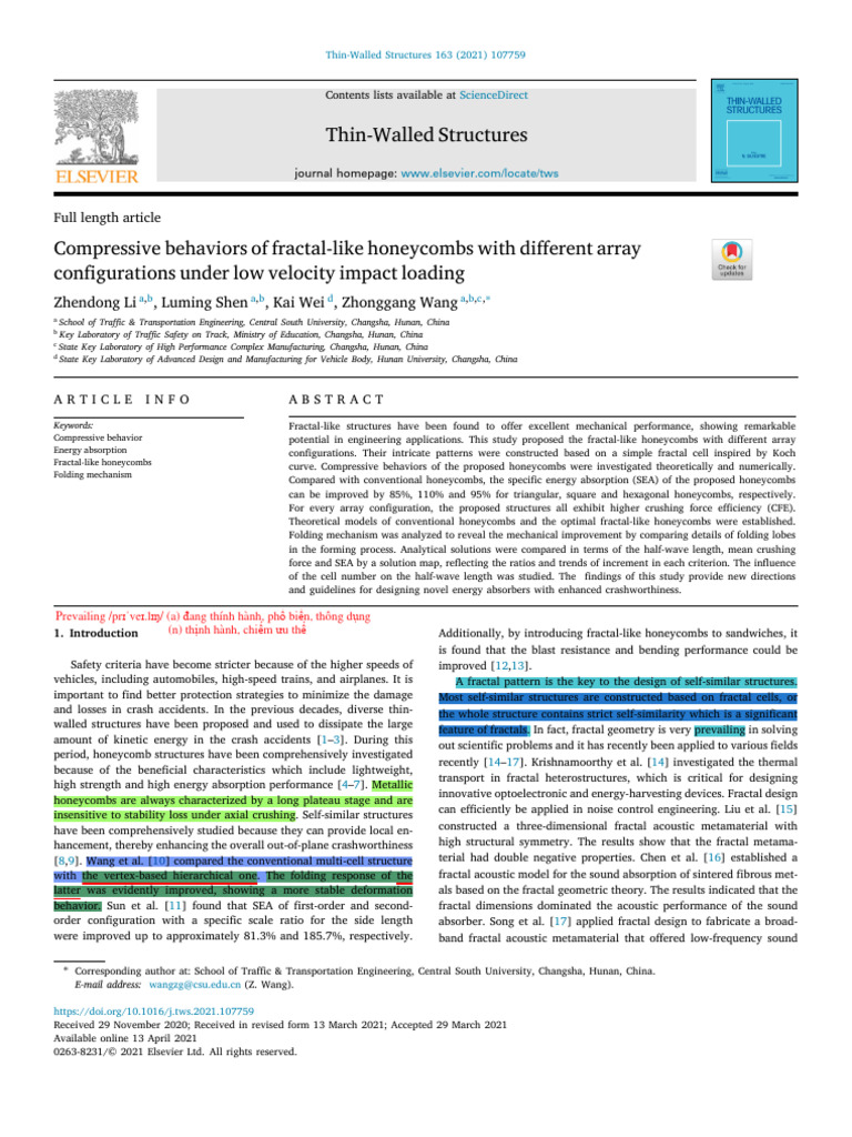 Compressive Behaviors of Fractal-Like Honeycombs With Different Array Configurations Under Low ...