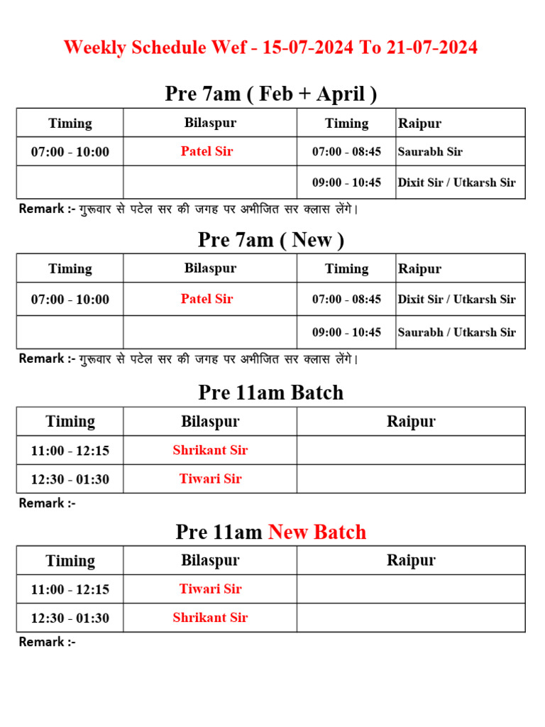 Schedul (15-07-2024 To 21-07-2024) | PDF