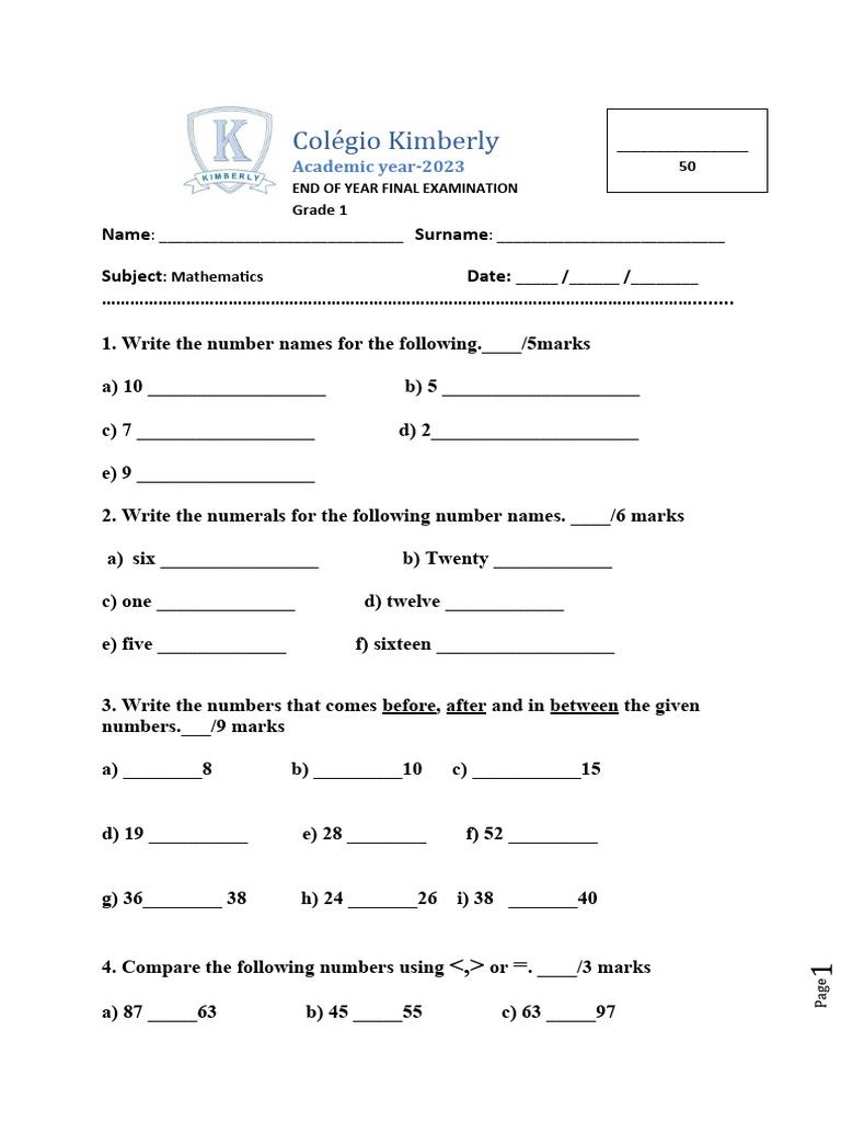 Grade 1 Maths Final Exam 2023 Special PDF Educational Stages