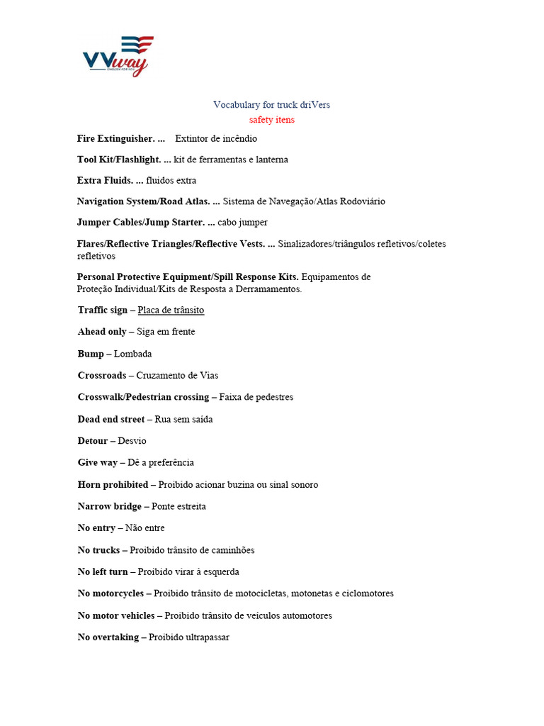 Vocabulary For Truck Drivers | PDF