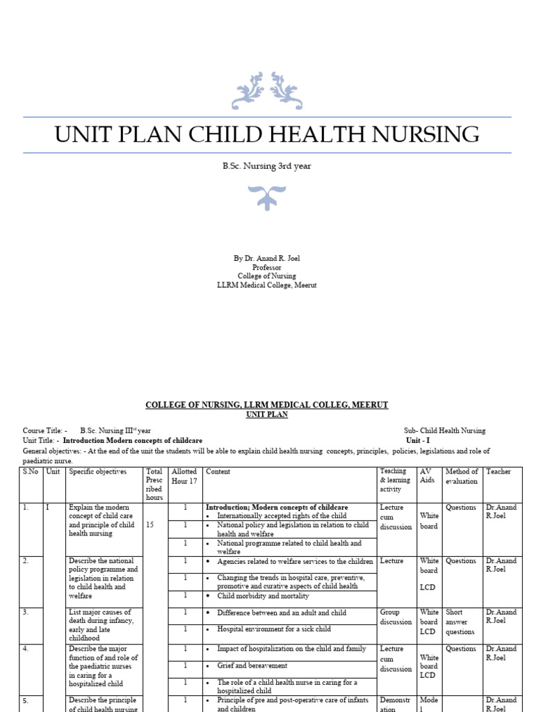 Unit Plan Child Health Nursing | PDF | Nursing | Infants