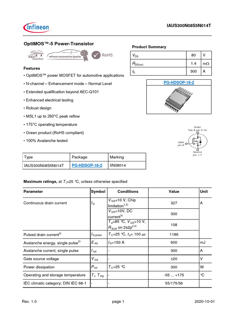 Infineon IAUS300N08S5N014T DataSheet v01 - 00 EN | PDF | Field Effect Transistor | Diode