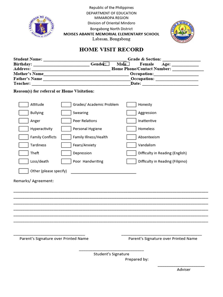 HOME VISITATION FORM MAVEL | Download Free PDF | Teachers | Behavioural ...