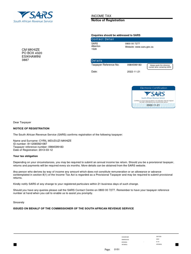 SARS Income Tax Registration Notice | PDF | Taxpayer | Taxes