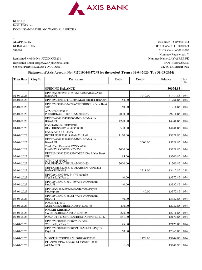Axis Bank Account Statement Summary | PDF | Institutional Investors ...