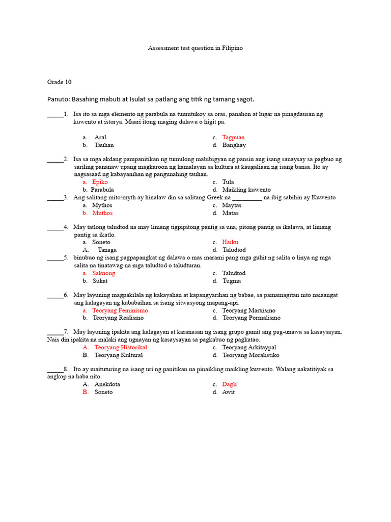 Assessment Test Grade 10 | PDF