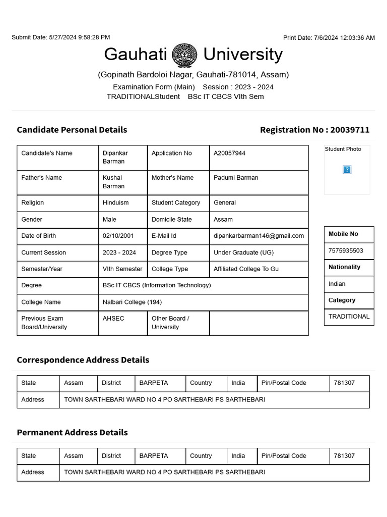 Gauhati University - Exam Form Download | PDF