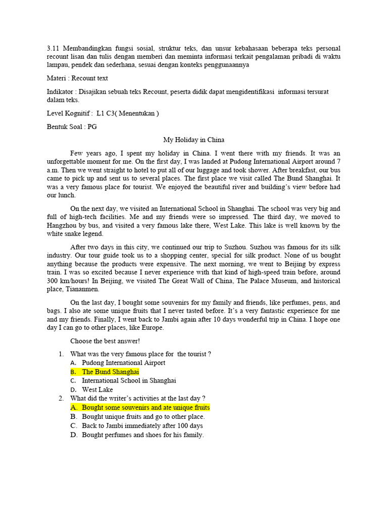 Soal Praktek RECOUNT TEXT KEL.1 | PDF | Shanghai
